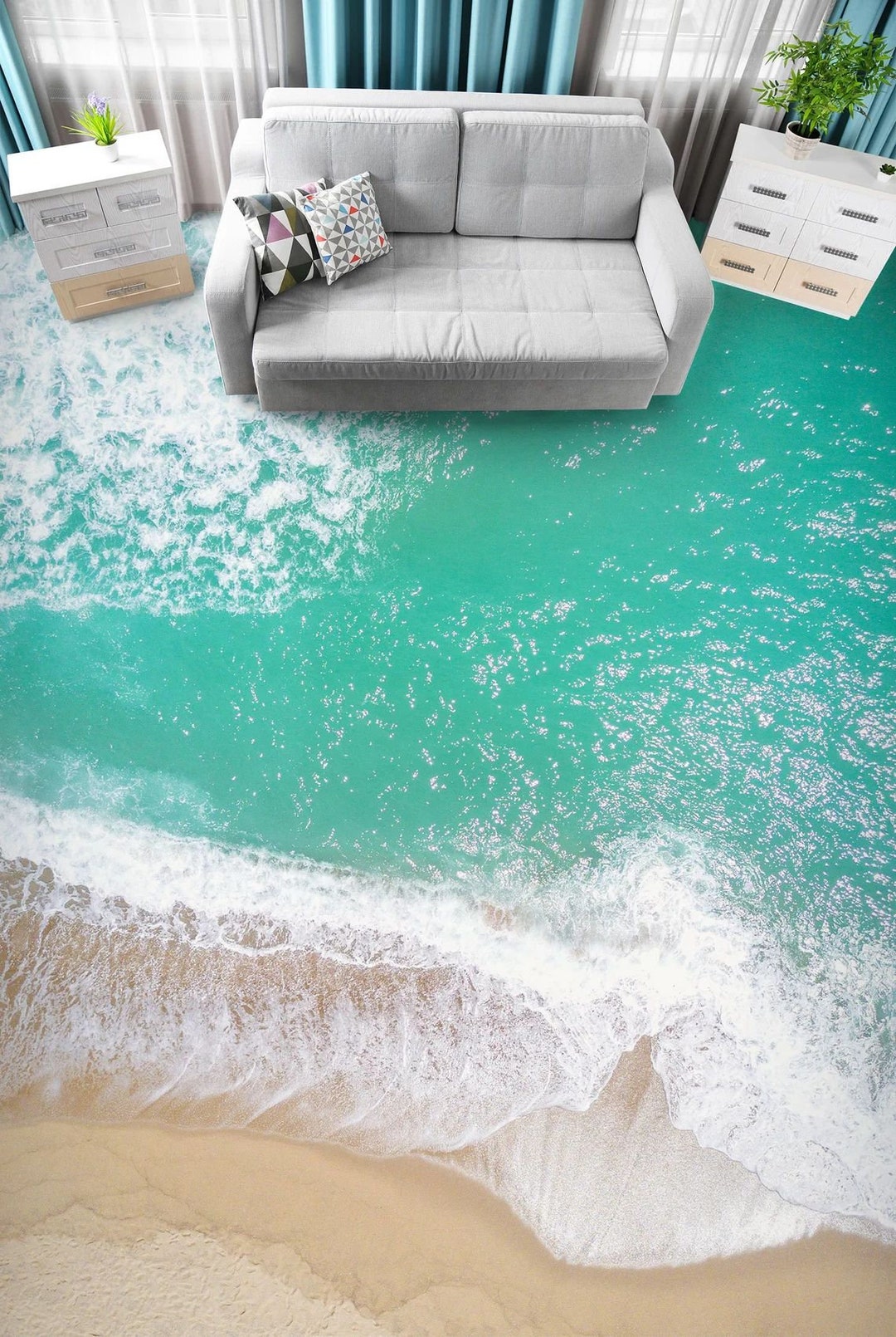 3D Green Ocean Beach Nature, Vinyl Floor Mural, Self-adhesive Vinyl ...