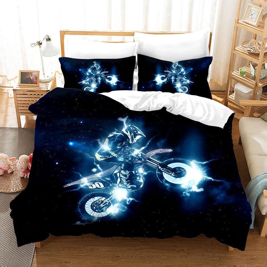 3D Motorcycle Bedding Set, Black & Silver Duvet Cover, Microfiber Quilt ...