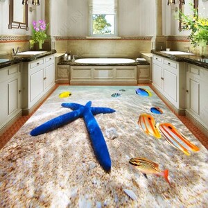 3D Fish Starfish Sand Sea, Vinyl Floor Mural, Self-adhesive Vinyl ...