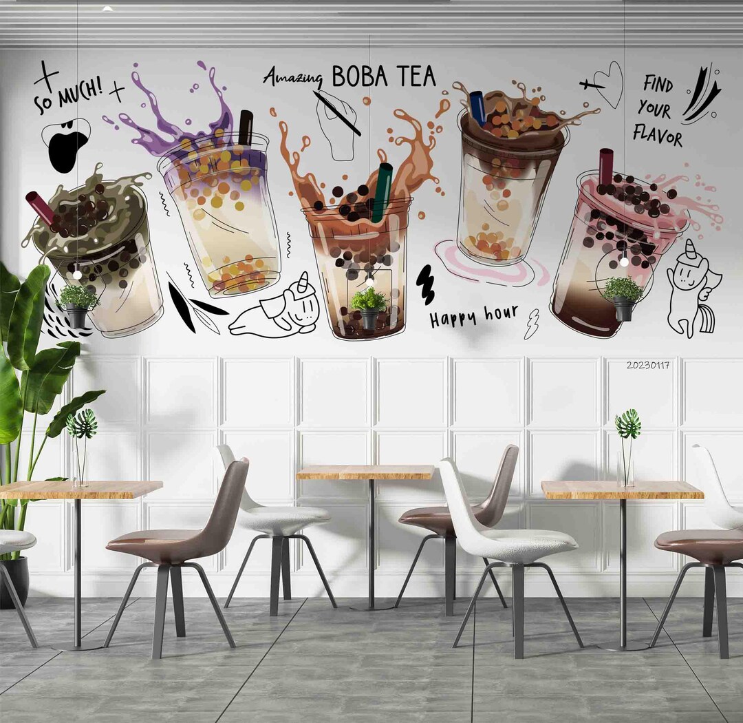 Boba Tea Shop Wall Mural – 3D Hand Drawn Wallpaper, Peel and Stick ...