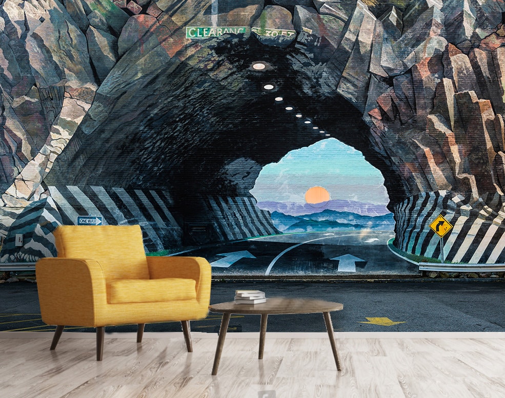 3D Tunnels Wallpaper Rock Wall Mural Road Wall Decor Sunset - Etsy