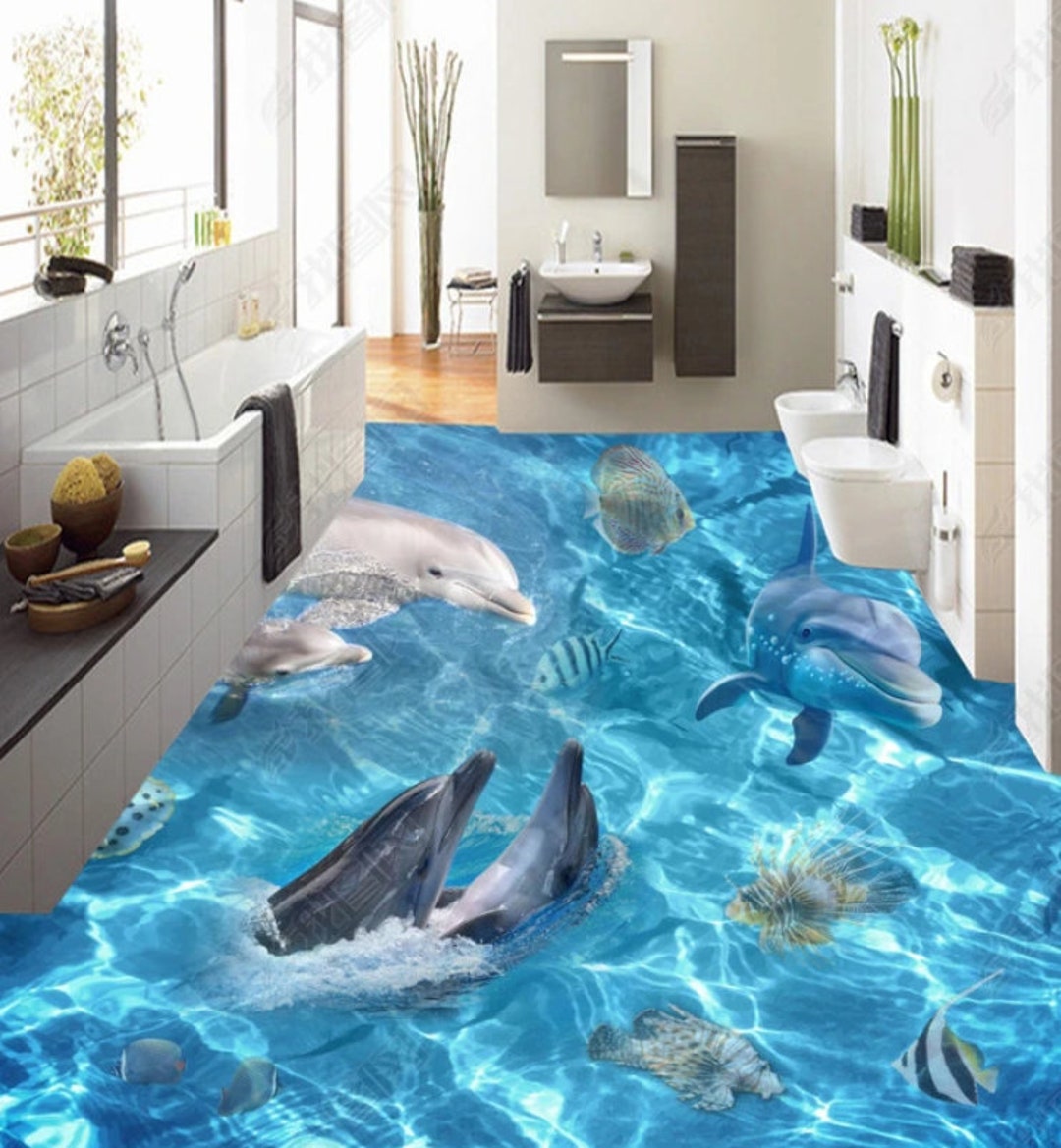 3D Dolphin, Vinyl Floor Mural, Self-adhesive Vinyl, Floor Art, Bathroom ...