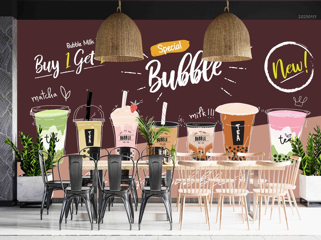 3D Hand Drawn, Bubble Tea, Milk Tea Shop, Pearl Tea, Wall Art, Peel and ...
