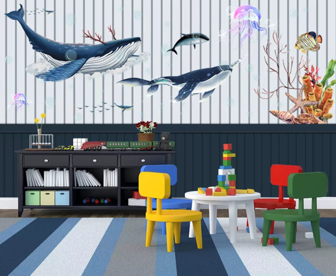 3D Whale Wallpaper, Jellyfish Wall Mural, Cartoon Wall Decor, Kids Wall ...