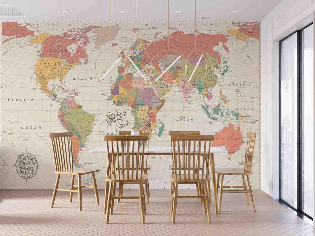 Color World Map Pattern 3D Peel and Stick, Removable Wallpaper, Wall ...
