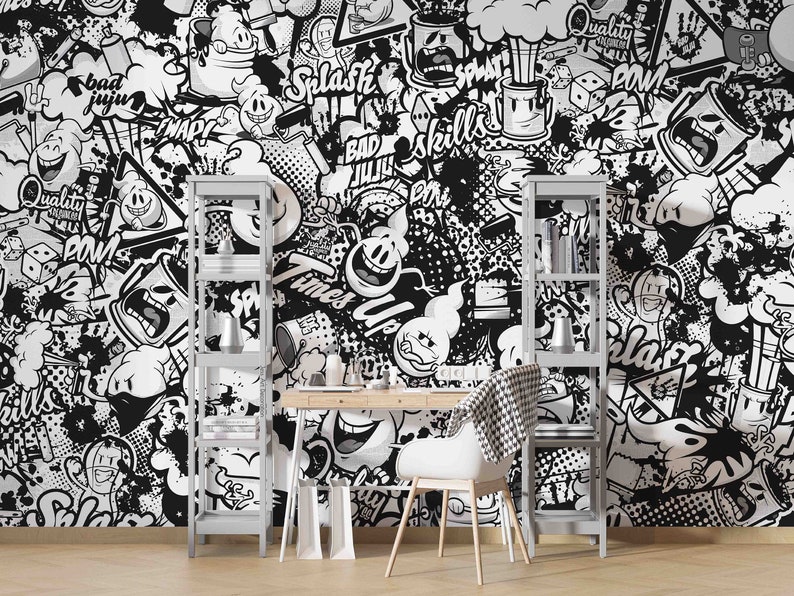 3D Graffiti Wallpaper, Black & White Cartoon Mural, Peel and Stick - Etsy