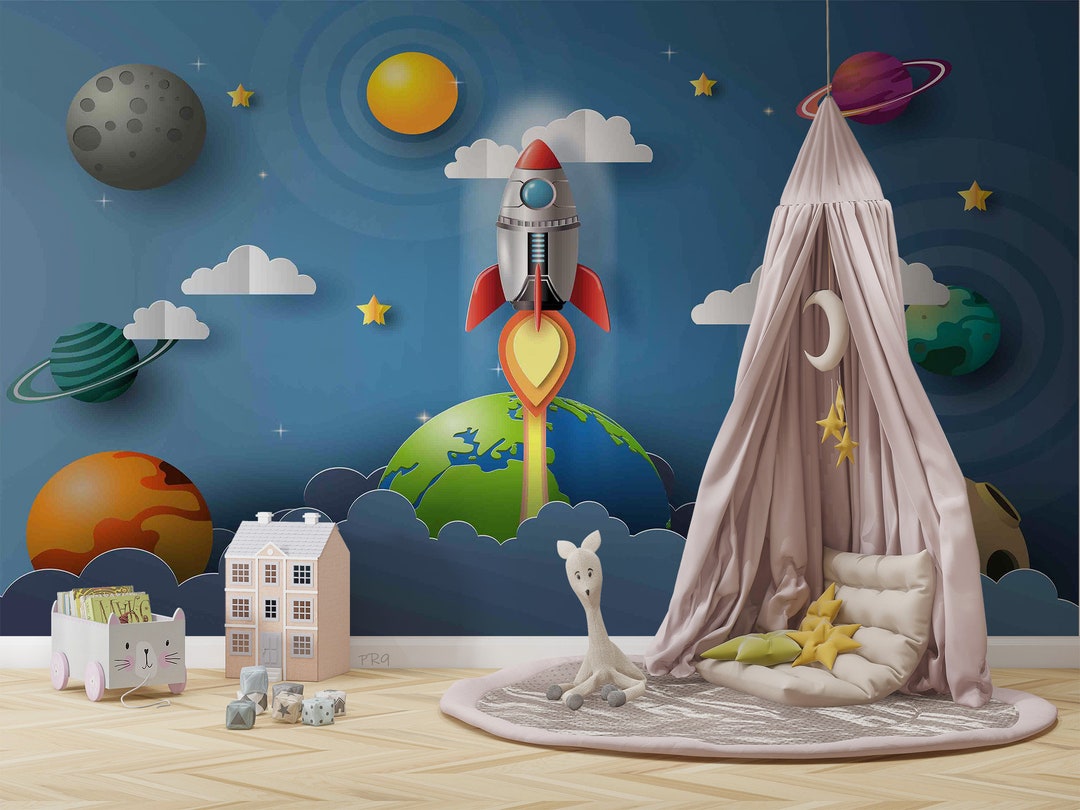 Cartoon Space Rocket Stars Kids 3D Peel and Stick, Removable Wallpaper ...
