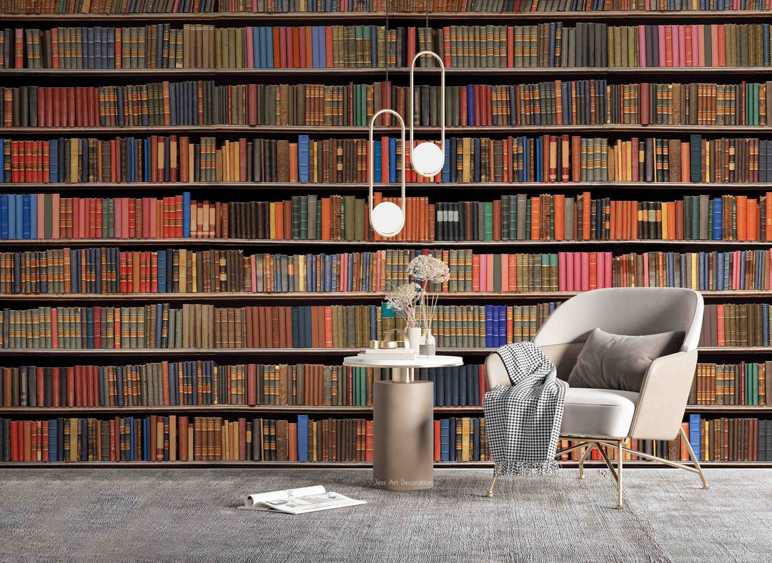 3D Bookshelf Wallpaper, Book Wall Mural, Brown Wall Decor, Vintage Wall ...