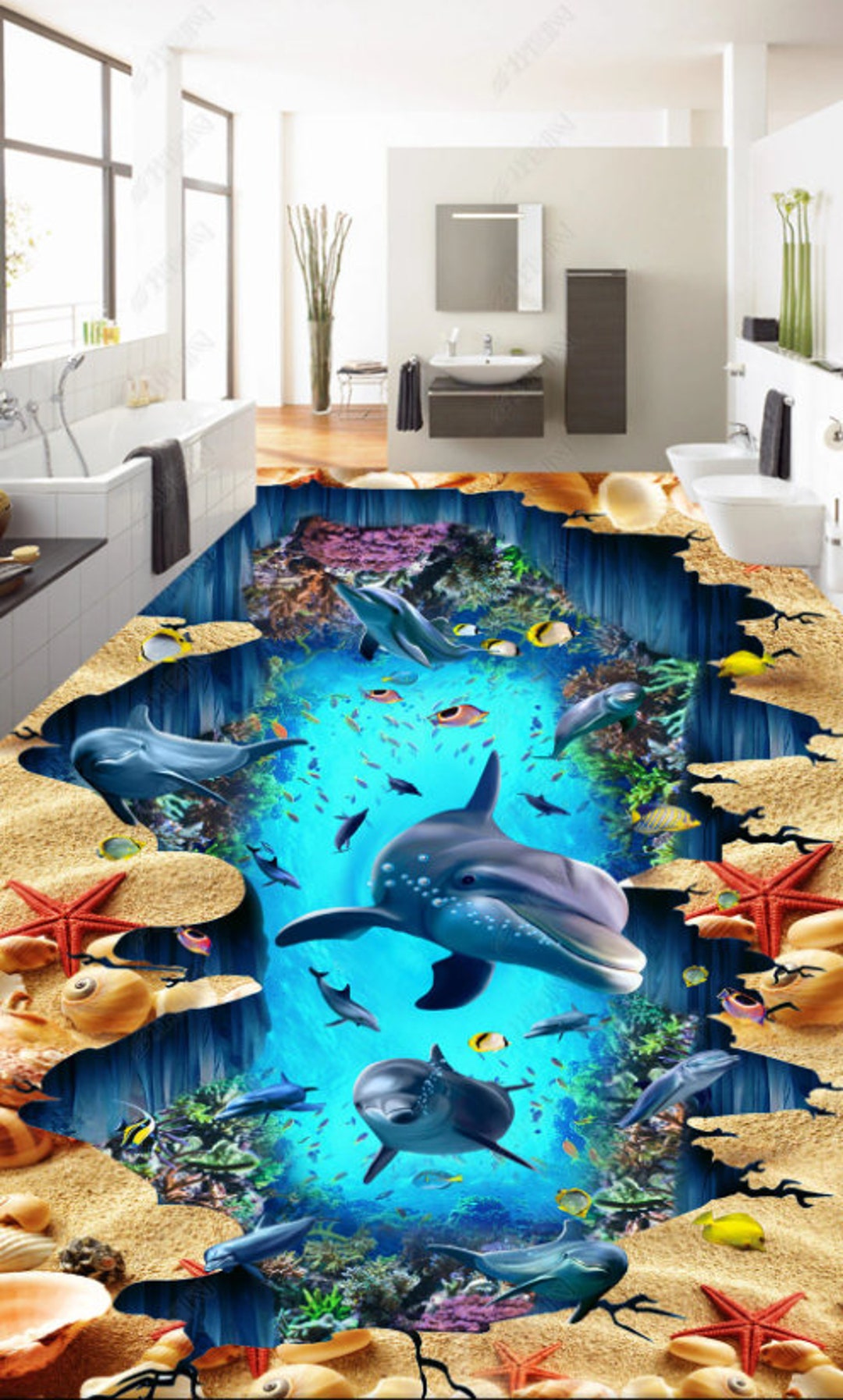 3D Dolphin Beach Conch Coral, Vinyl Floor Mural, Self-adhesive Vinyl ...
