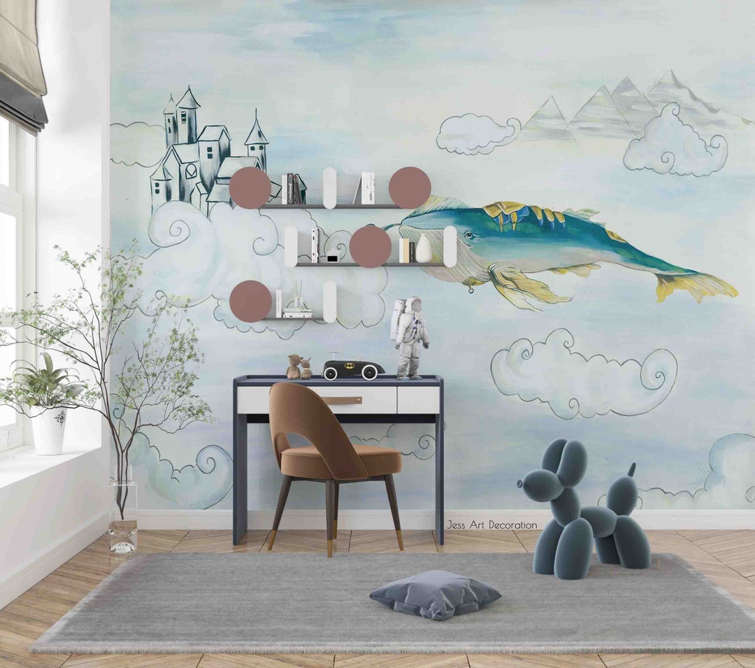 Sky Whale Castle Wallpaper, Nursery Decor, Peel and Stick Mural - Etsy