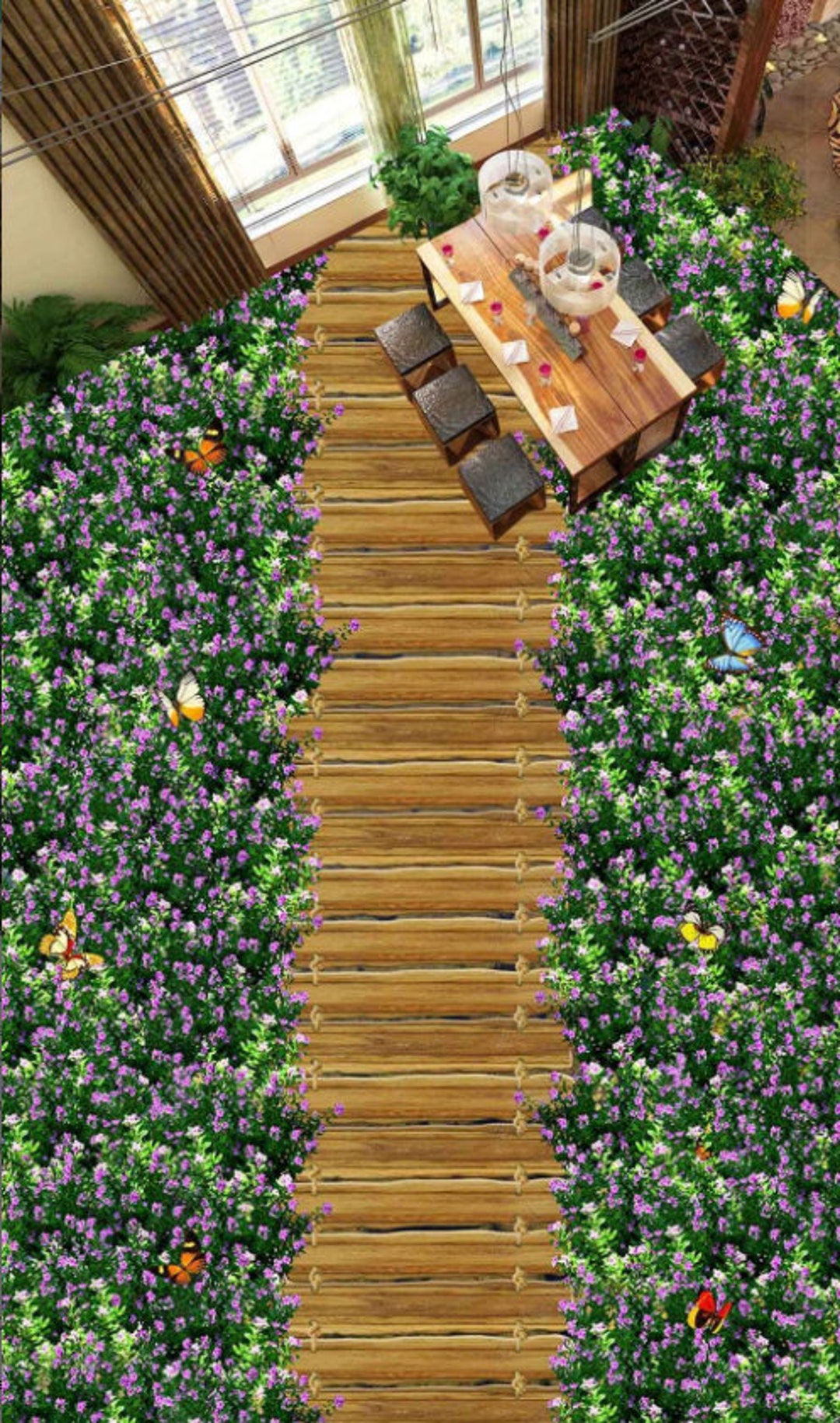 3D Floral Boardwalk Butterfly, Vinyl Floor Mural, Self-adhesive Vinyl ...