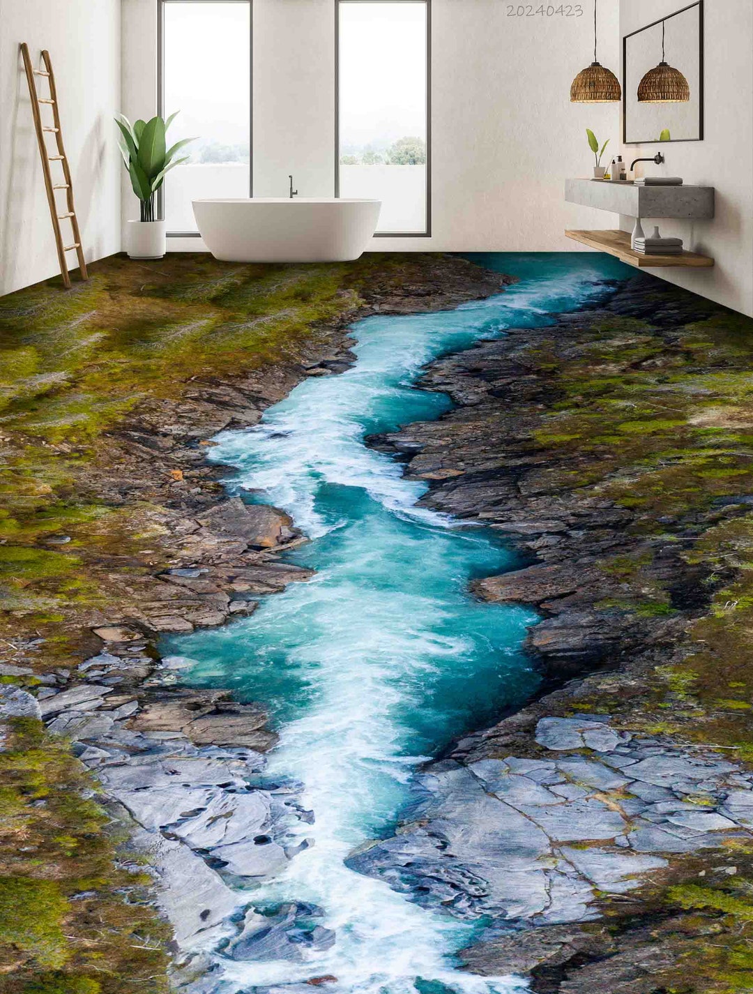 3D Mountain Creeks Landscape, Vinyl Floor Mural, Self-adhesive Vinyl ...