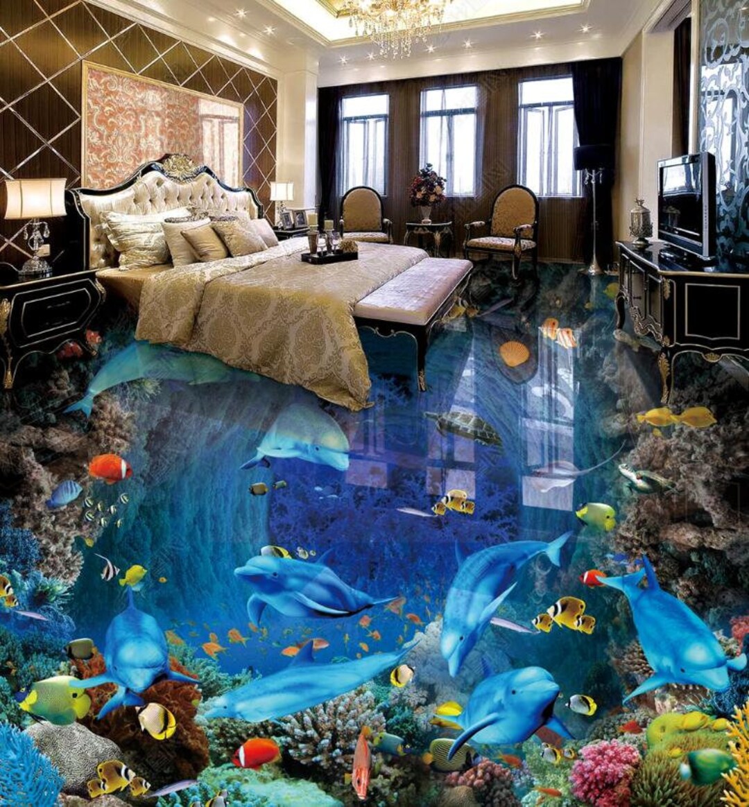 3D Undersea World Dolphin Coral, Vinyl Floor Mural, Self-adhesive Vinyl ...