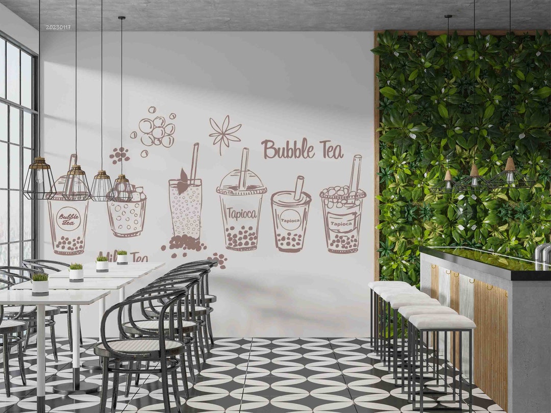 3D Hand Drawn, Bubble Tea, Milk Tea Shop, Pearl Tea, Wall Art, Peel and ...