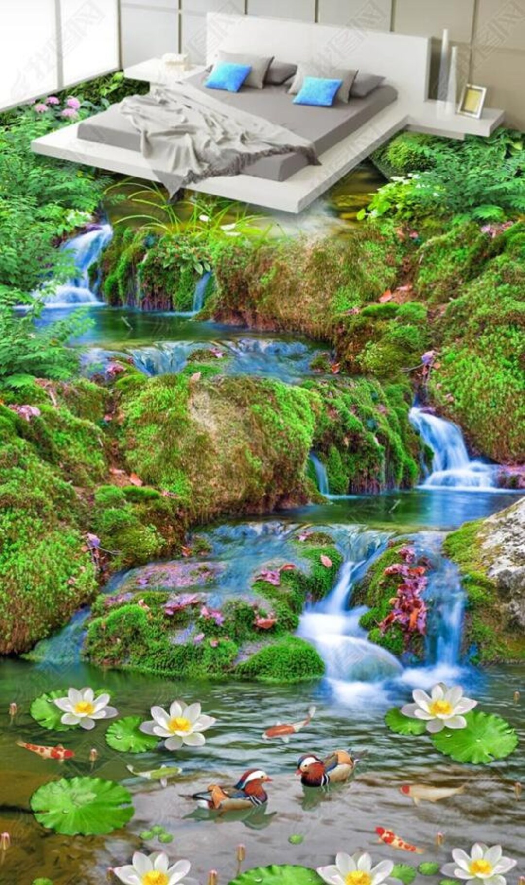 3D Forest River Lotus Green, Vinyl Floor Mural, Self-adhesive Vinyl ...