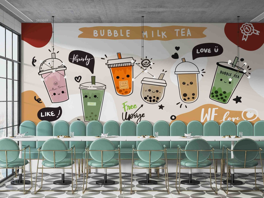 3D Cartoon, Bubble Tea, Milk Tea Shop, Pearl Tea, Wall Art, Peel and Stick, Removable Wallpaper ...