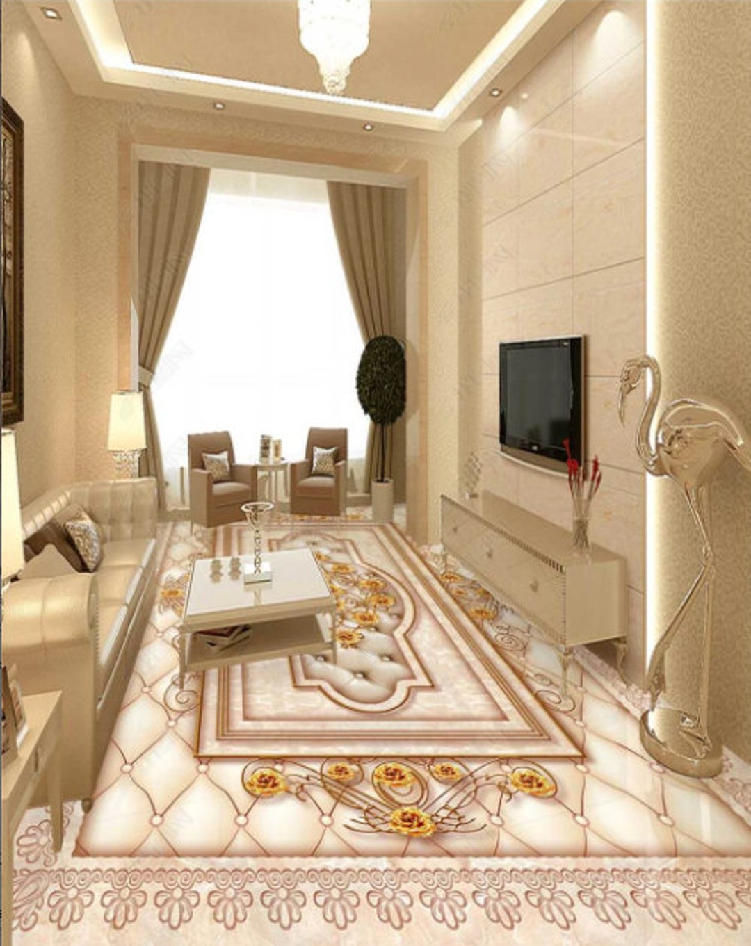 3D Floral European Style Golden, Vinyl Floor Mural, Self-adhesive Vinyl, Floor Art, Bathroom ...