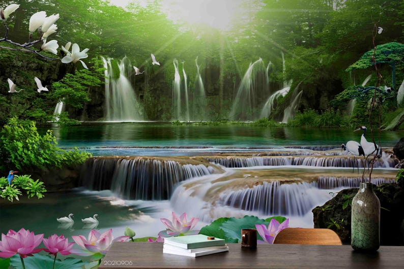 Sunny Waterfall Landscape Wall Mural – Peel and Stick Wallpaper - Etsy