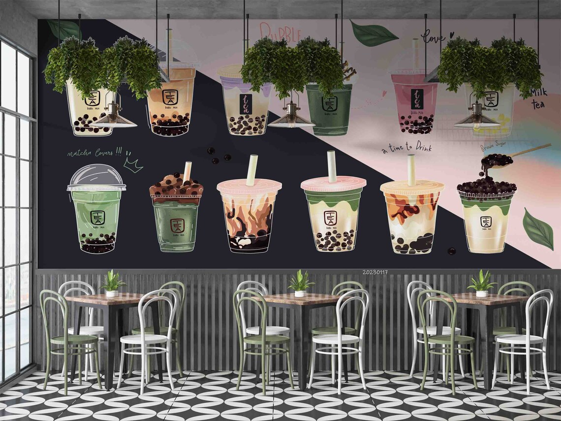 3D Bubble Tea Shop Wall Art, Peel and Stick Wallpaper - Etsy