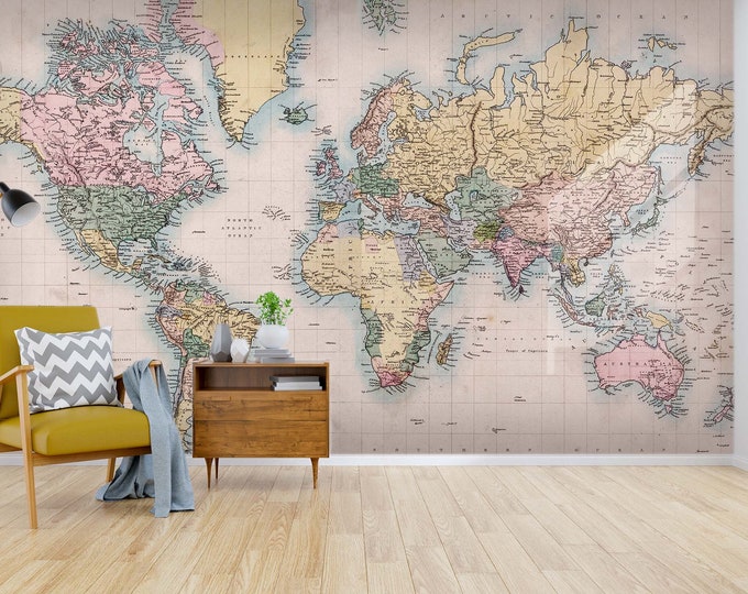 3D World Map Wallpaper, Yellow Wall Mural, Detailed Wall Decor ...