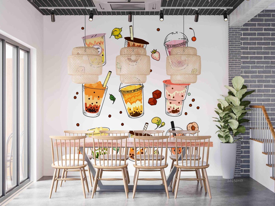 Bubble Tea Shop Wall Mural – Hand Drawn, Peel and Stick Wallpaper - Etsy
