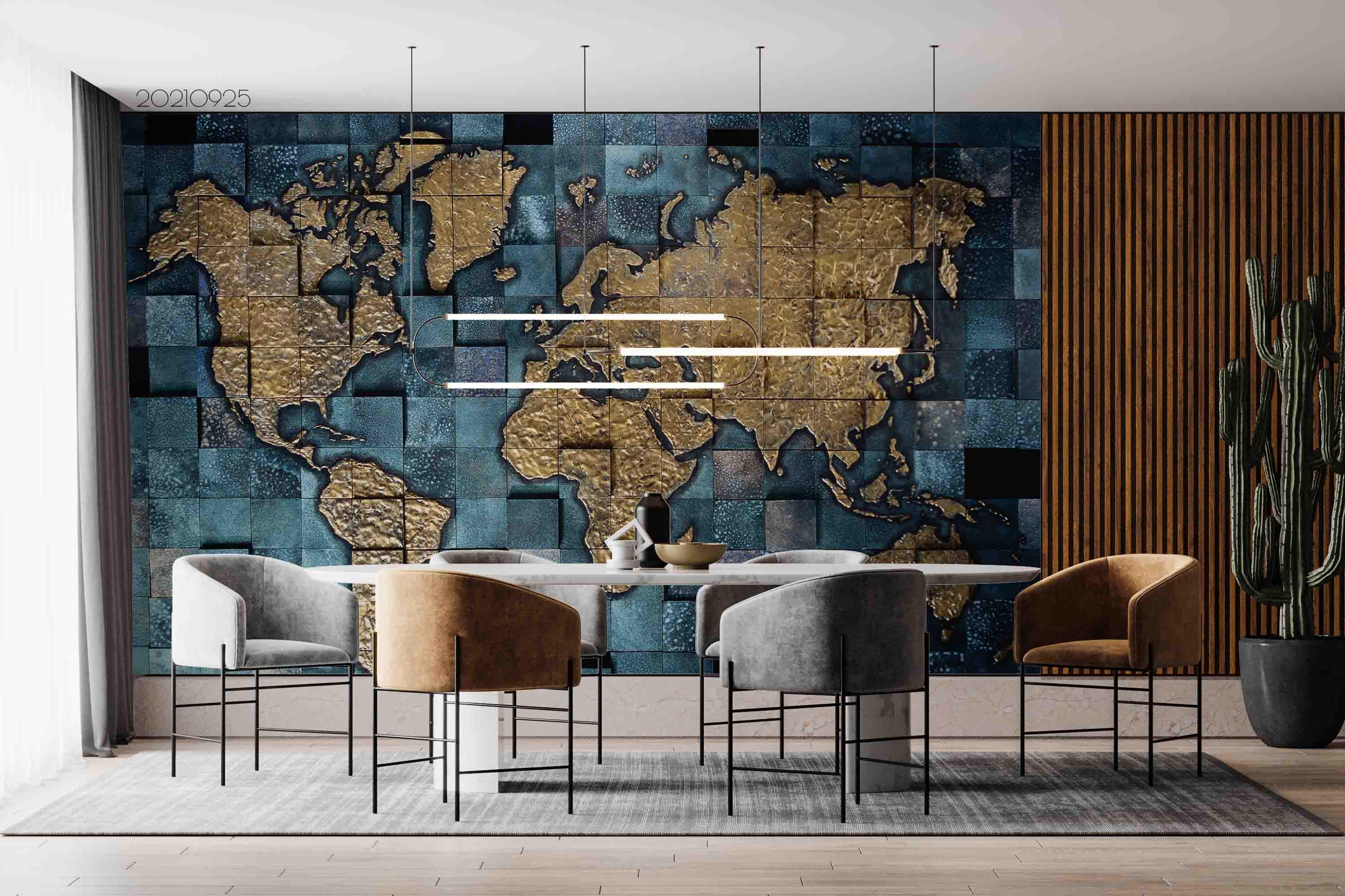 Retro Blue & Gold World Map Wallpaper Mural – Peel and Stick - Etsy