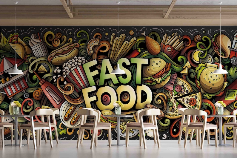 3D Fast Food Wallpaper Mural, Restaurant Decor, Peel and Stick - Etsy