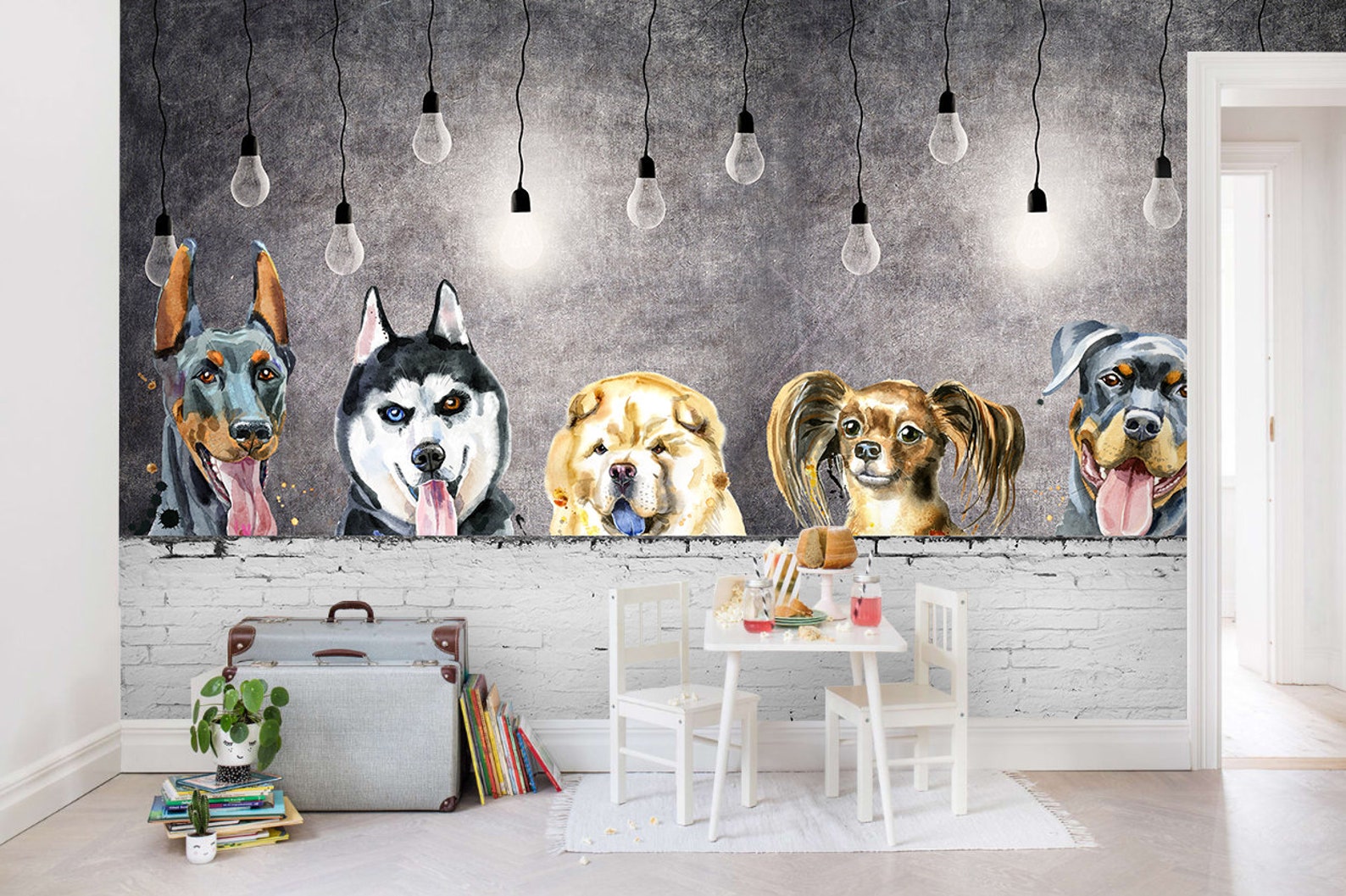 3D Cute Dogs Wallpaper, Animal Wall Mural, Brick Texture Wall Decor ...