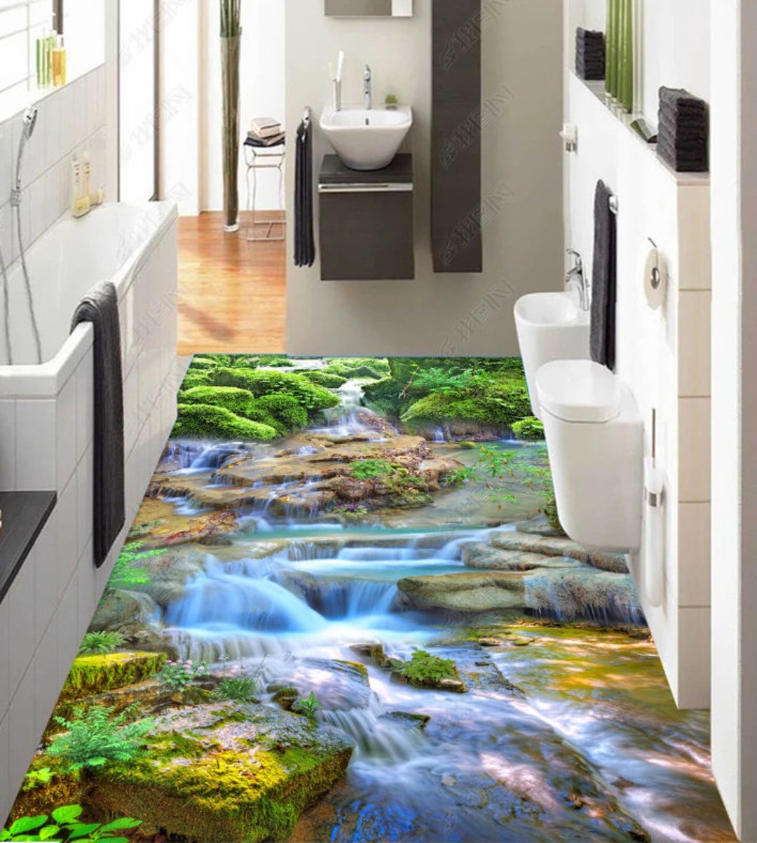 3D Mountain Waterfall Stone, Vinyl Floor Mural, Self-adhesive Vinyl ...