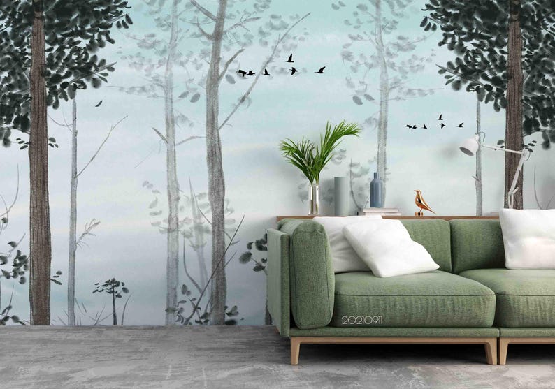 3D Forest Tree Bird Wallpaper Mural - Peel and Stick Wall Art - Etsy