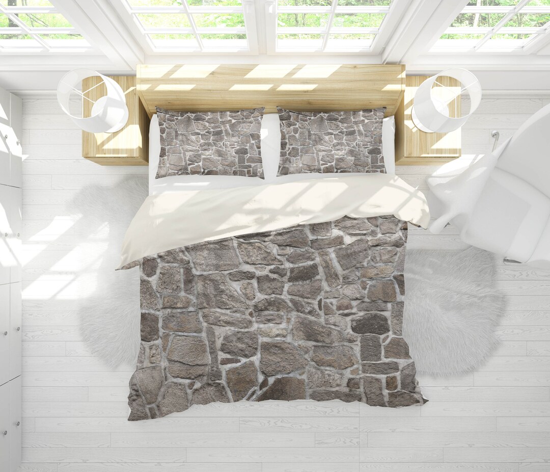 3D Stone Wall Duvet Covers Set, Rustic Quilt Cover, Grey Bedding Set ...