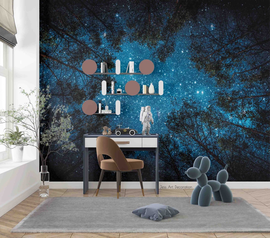 Plant Forest Starry Sky Wallpaper, Blue Nightscape Peel and Stick Wall ...