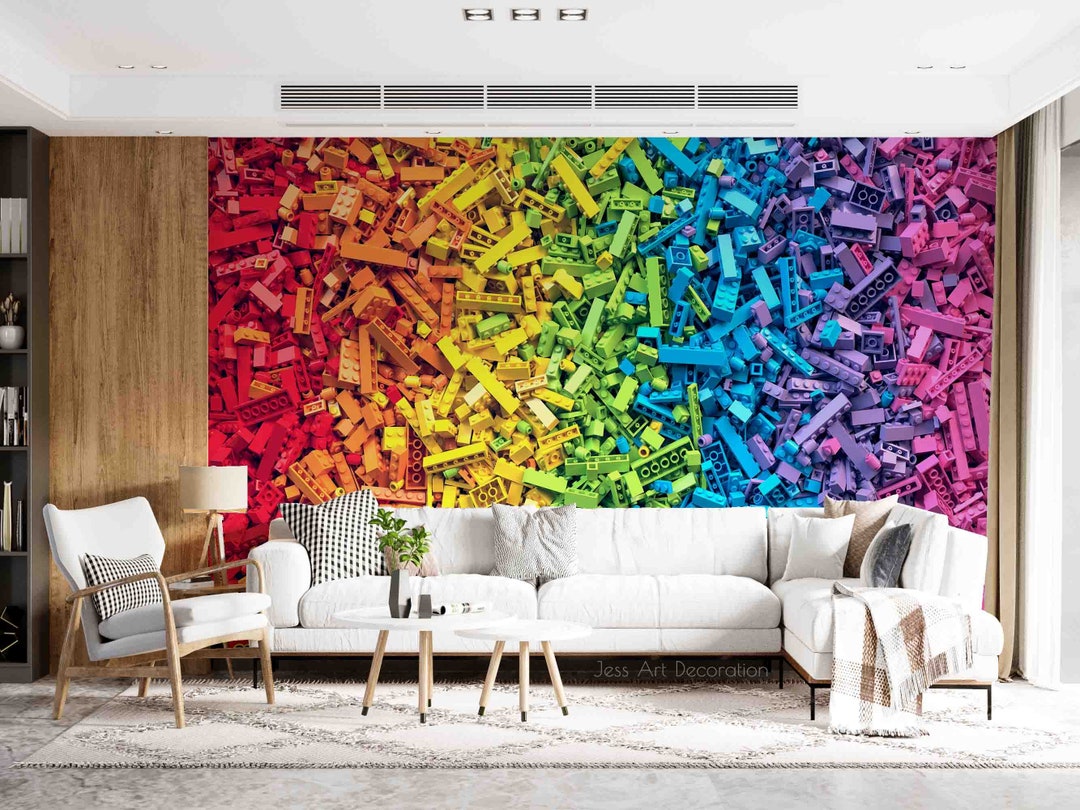 Rainbow Building Blocks Wallpaper, Playroom Wall Decor, Peel and Stick ...