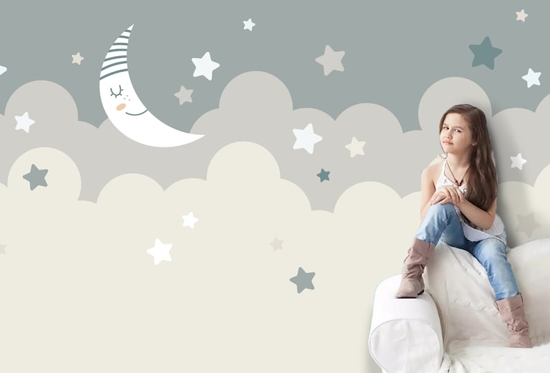 3D Moon and Clouds Wallpaper, Kids Room Decor, Peel and Stick - Etsy