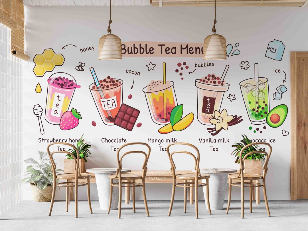3D Fruit Tea, Bubble Tea, Milk Tea Shop, Pearl Tea, Wall Art, Peel and Stick, Removable ...