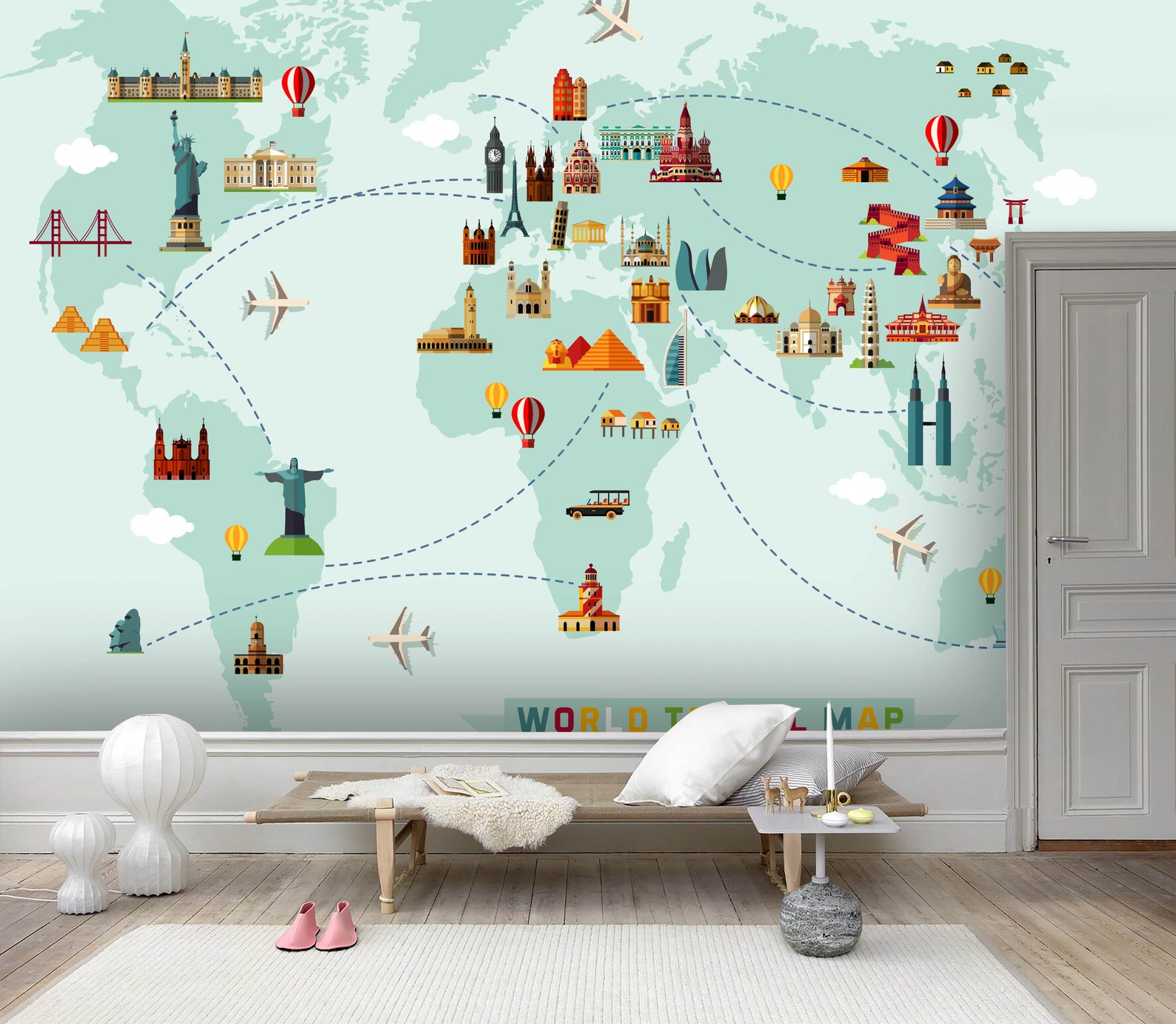 3D World Map Wallpaper Famous Building Wall Mural Cartoon - Etsy Australia