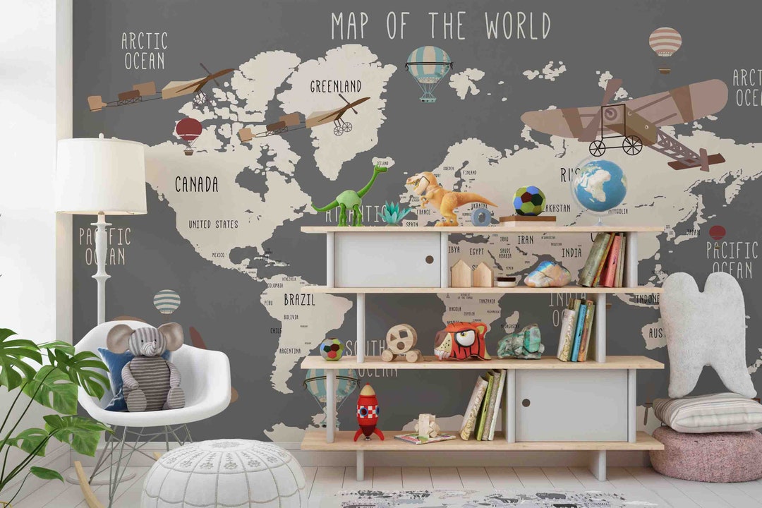 World Map Airplane Wallpaper, Retro Peel and Stick Wall Mural, Playroom ...