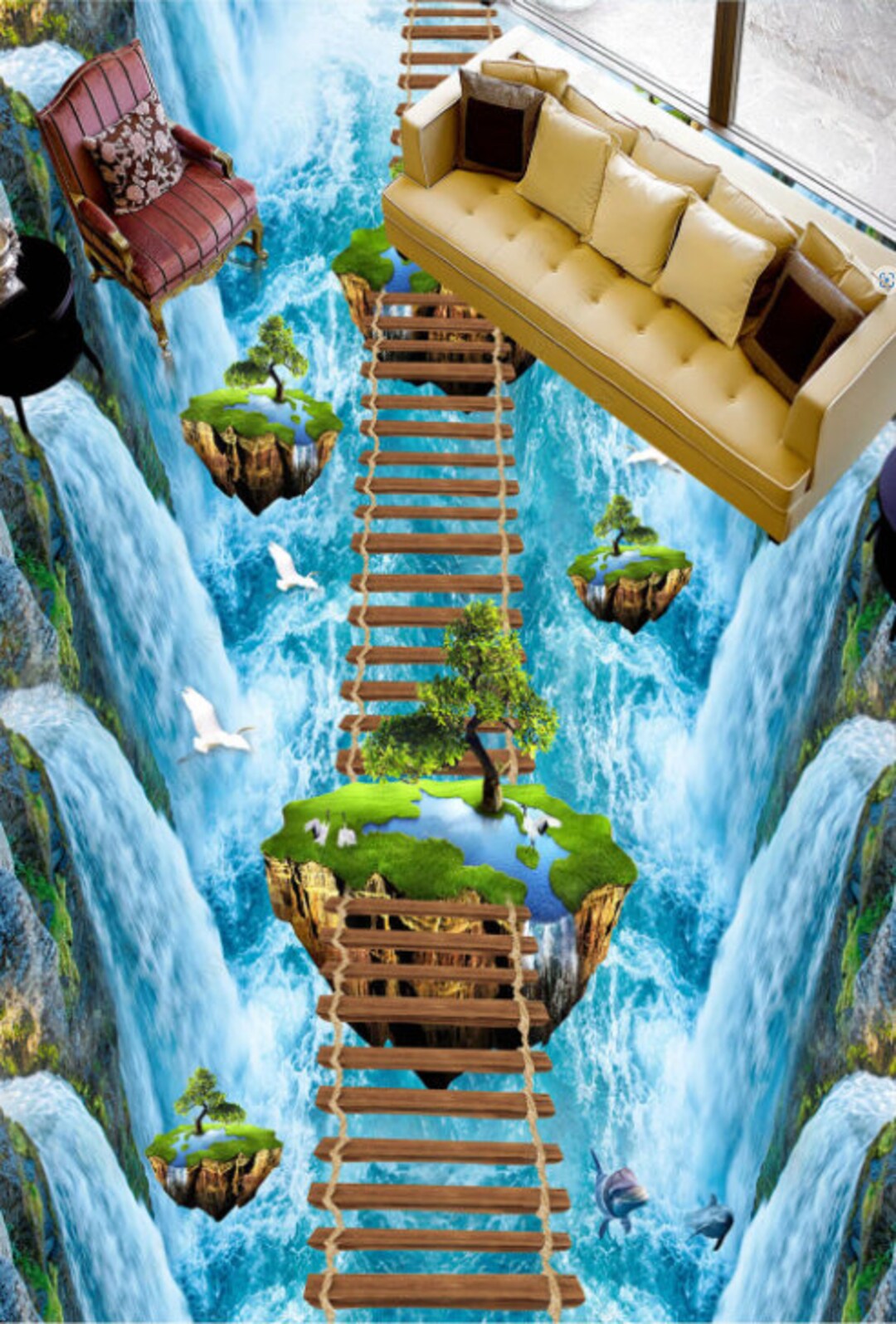 3D Boardwalk Waterfall Mountain, Vinyl Floor Mural, Self-adhesive Vinyl ...