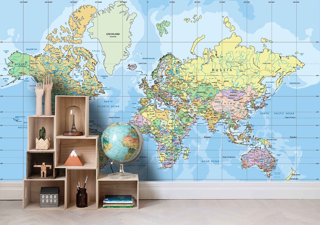 3D World Map Wallpaper, Detailed Wall Mural, Peel and Stick - Etsy