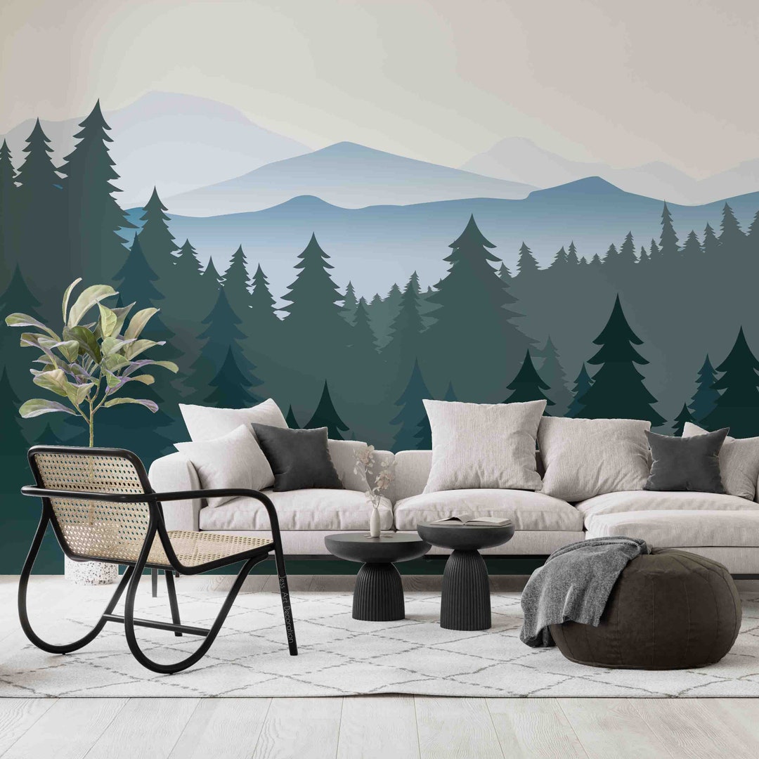 Watercolor Pine Forest Wallpaper Mural, Peel and Stick Removable ...