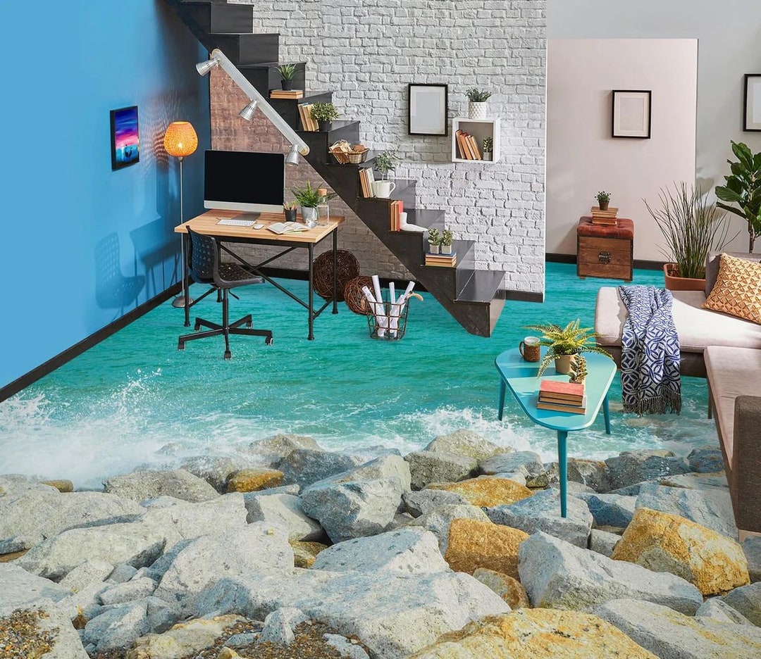 3D Green Sea Stone Nature, Vinyl Floor Mural, Self-adhesive Vinyl ...
