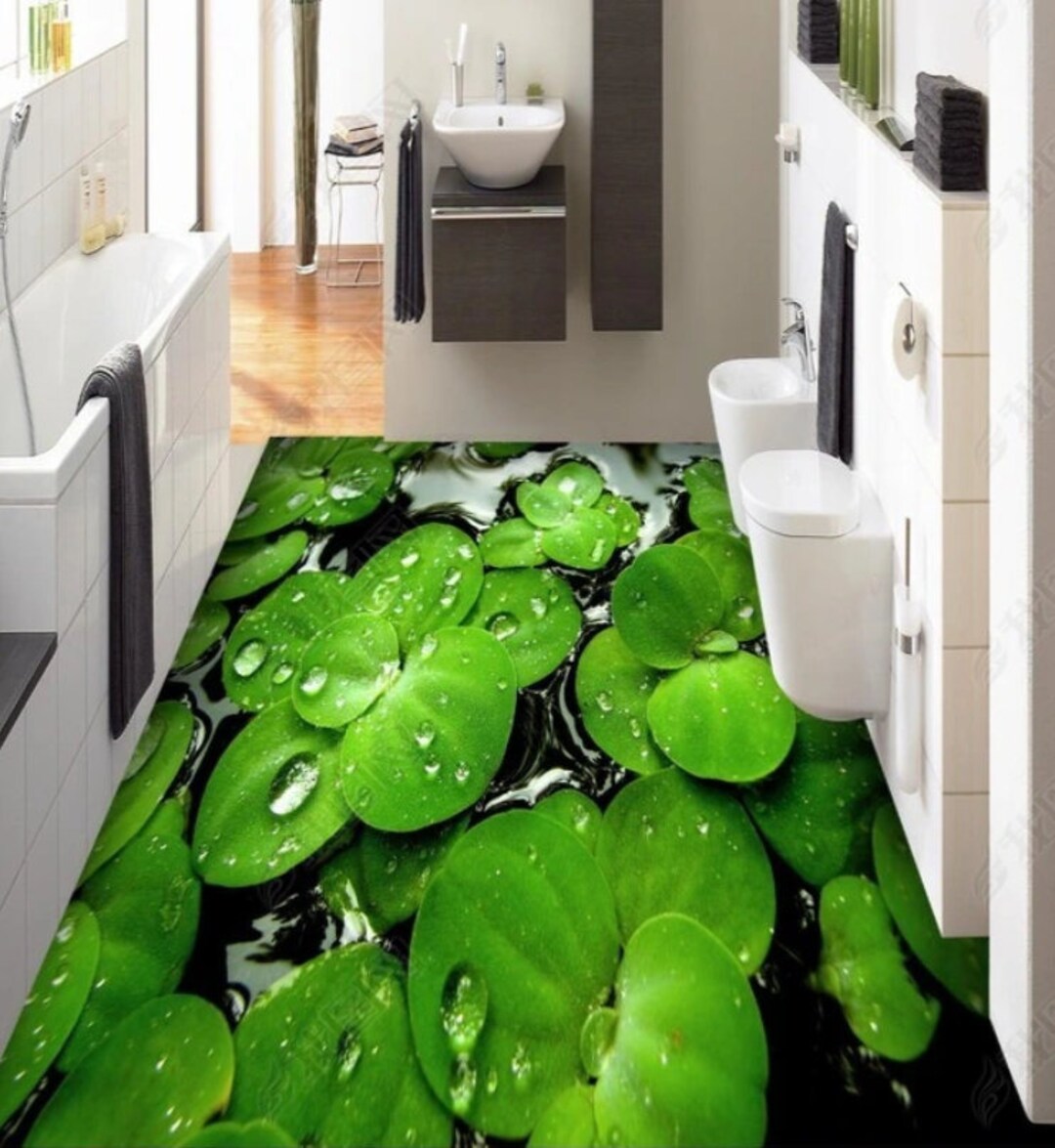 3D Green Leaves Water, Vinyl Floor Mural, Self-adhesive Vinyl, Floor ...