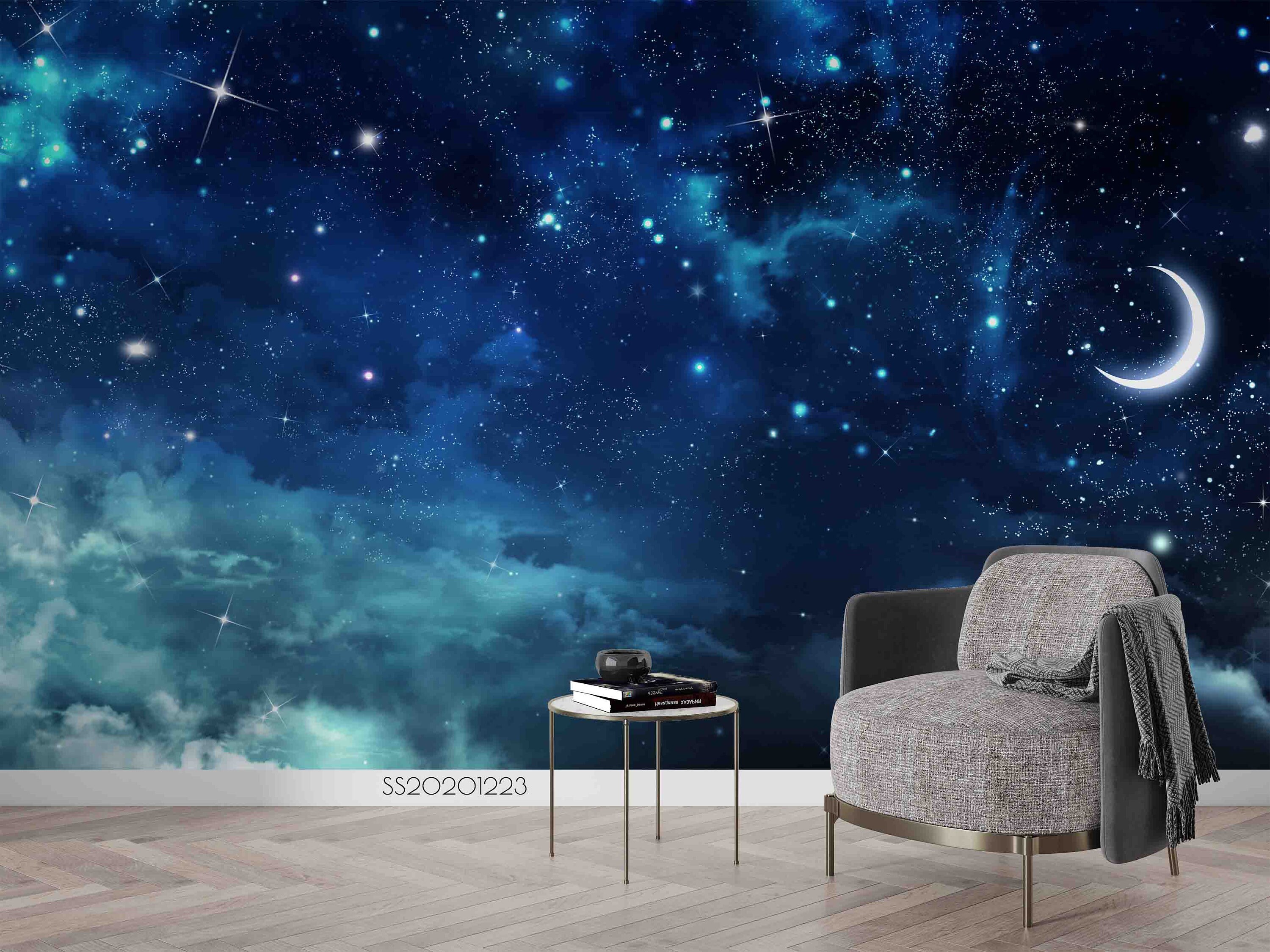 3D Starry Sky Wallpaper Blue Wall Mural Moon Wall Decor - Etsy Australia