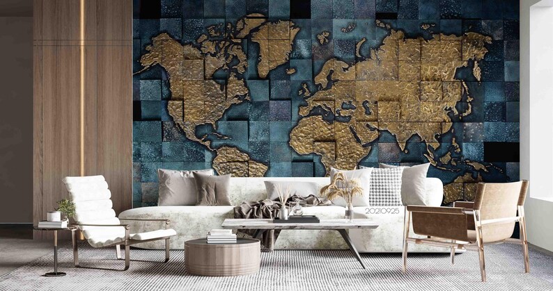 Retro Blue & Gold World Map Wallpaper Mural – Peel and Stick - Etsy