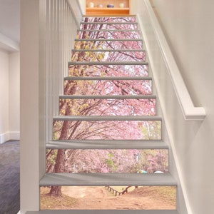 3D Pink Tree Flower Stair Risers Sticker PVC Sticker Mural Stairs Mural ...