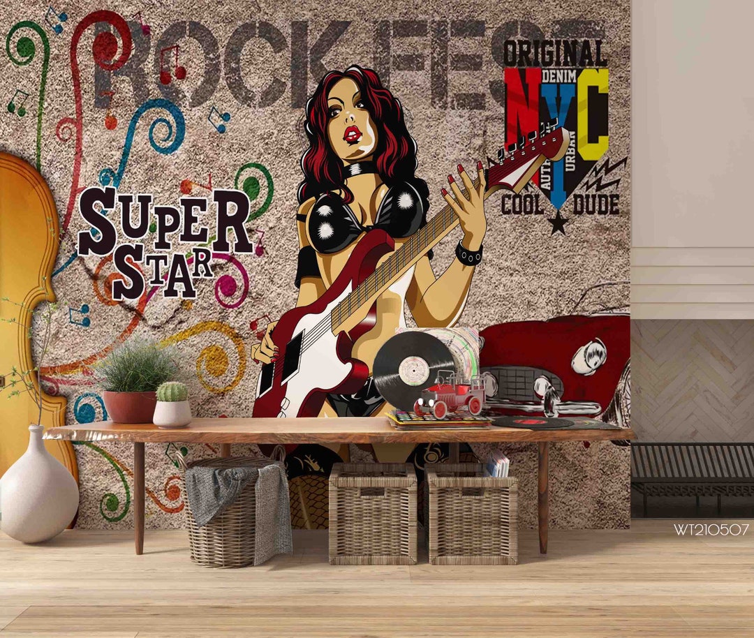 Retro Rock Guitar Woman Wallpaper Mural, Peel and Stick Removable Wall ...