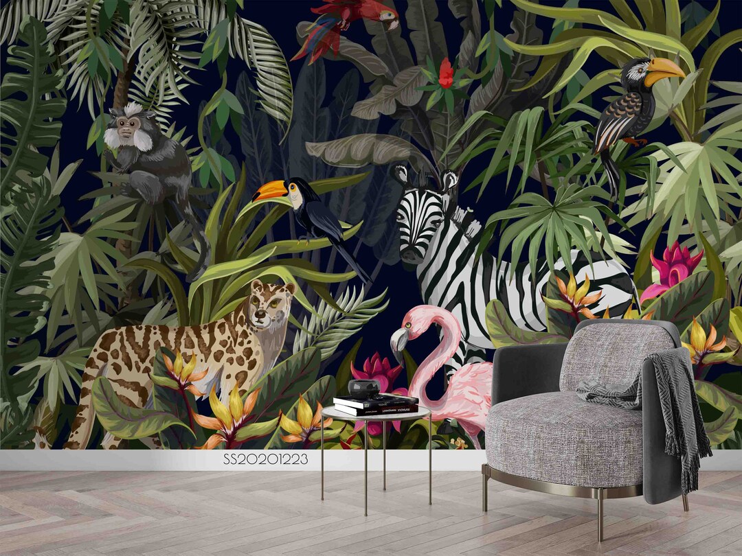 Tropical Animal Print Wallpaper, Peel and Stick Wall Mural - Etsy