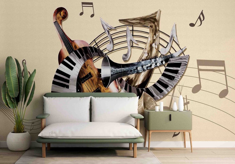 Musical Instruments 3D Wallpaper Mural, Piano, Saxophone, Peel and ...