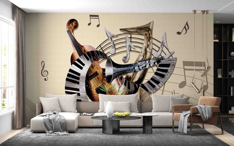 Musical Instruments 3D Wallpaper Mural, Piano, Saxophone, Peel and ...