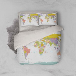 3D World Map Duvet Covers Set, Colorful Quilt Cover, Detail Bedding Set ...